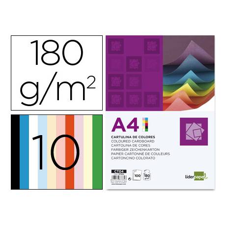 Cartulina marca Liderpapel 10 colores surtidos a4 180 g/m2 (37332)