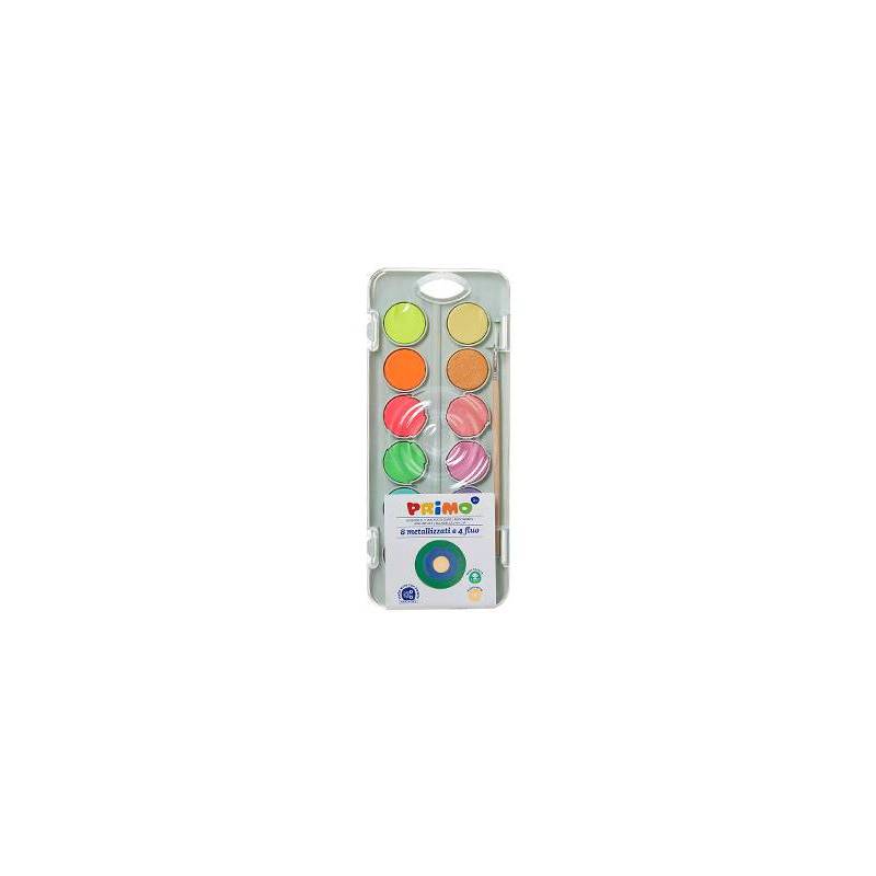 ACUARELA PRIMO 8 COLORES METAL + 4 COLORES NEON CON PINCEL Y PALETA ...